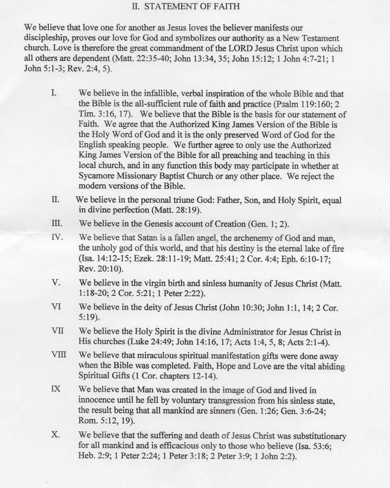Statement of Faith – Sycamore Baptist Church