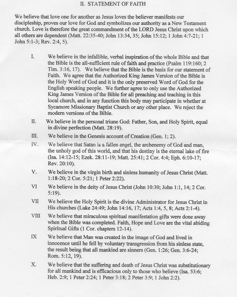 Statement of Faith – Sycamore Baptist Church